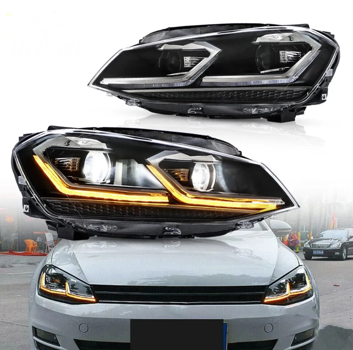 VW Golf MK7 LED Sequential Head Lights Lights MK7.5 Style – Carbon Accents
